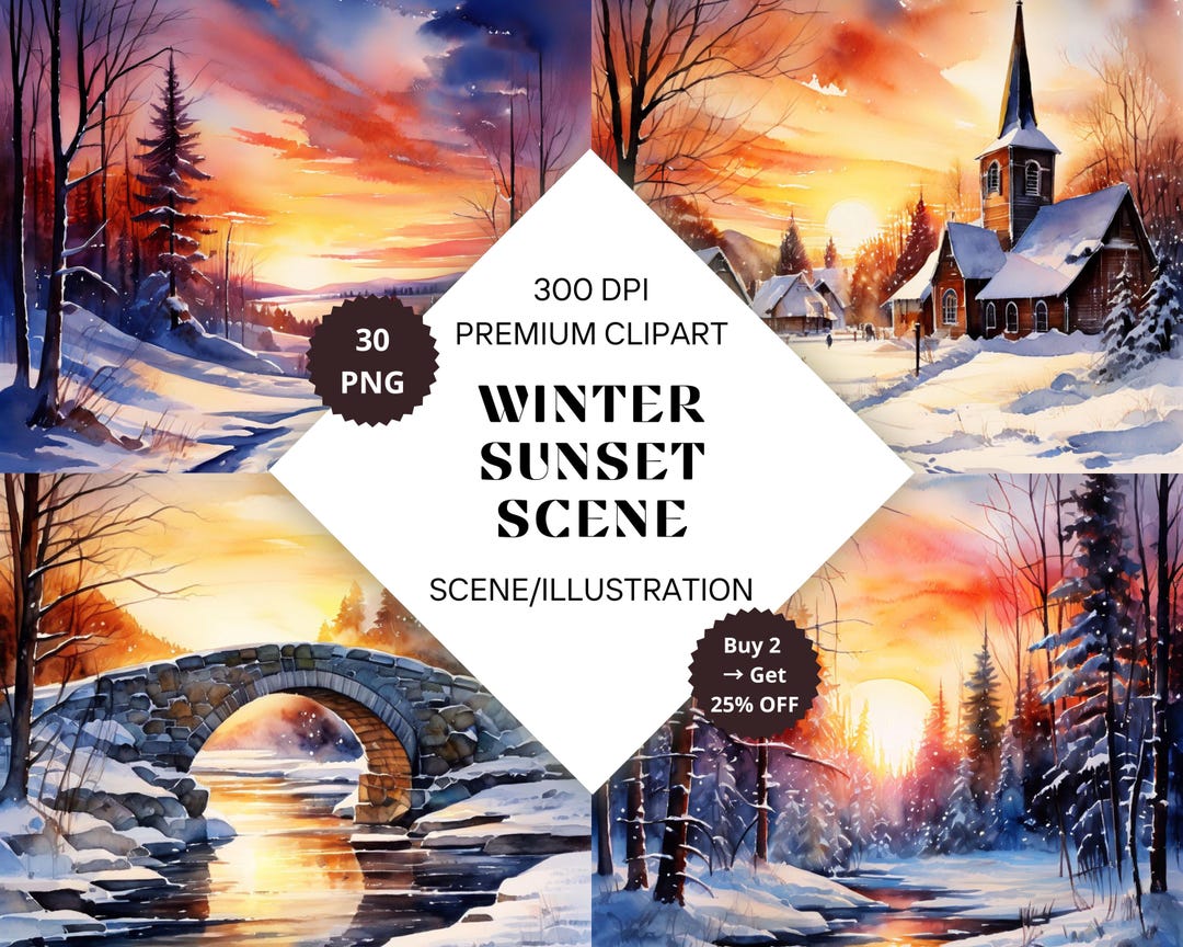 Winter Sunset Scenes Clipart - Winter Landscape, Printable PNG 300 DPI ...