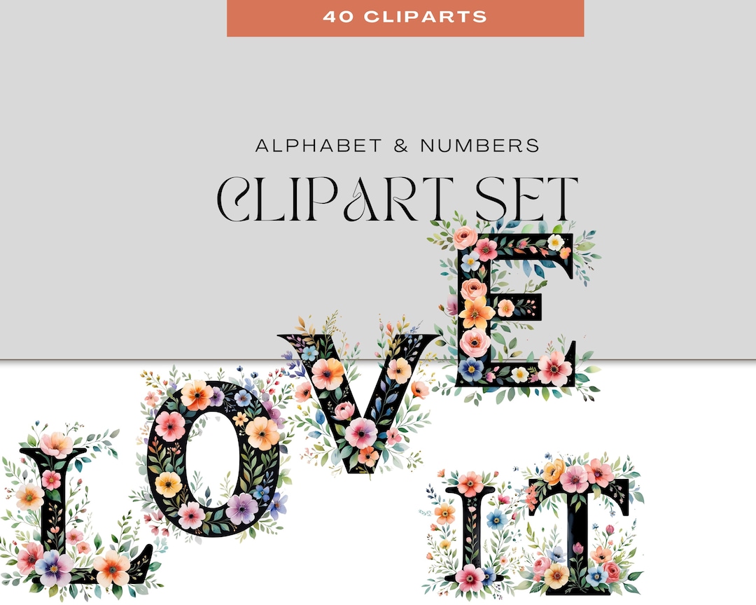 Colored Floral Alphabet & Numbers Clipart – Watercolor Flower Letters ...