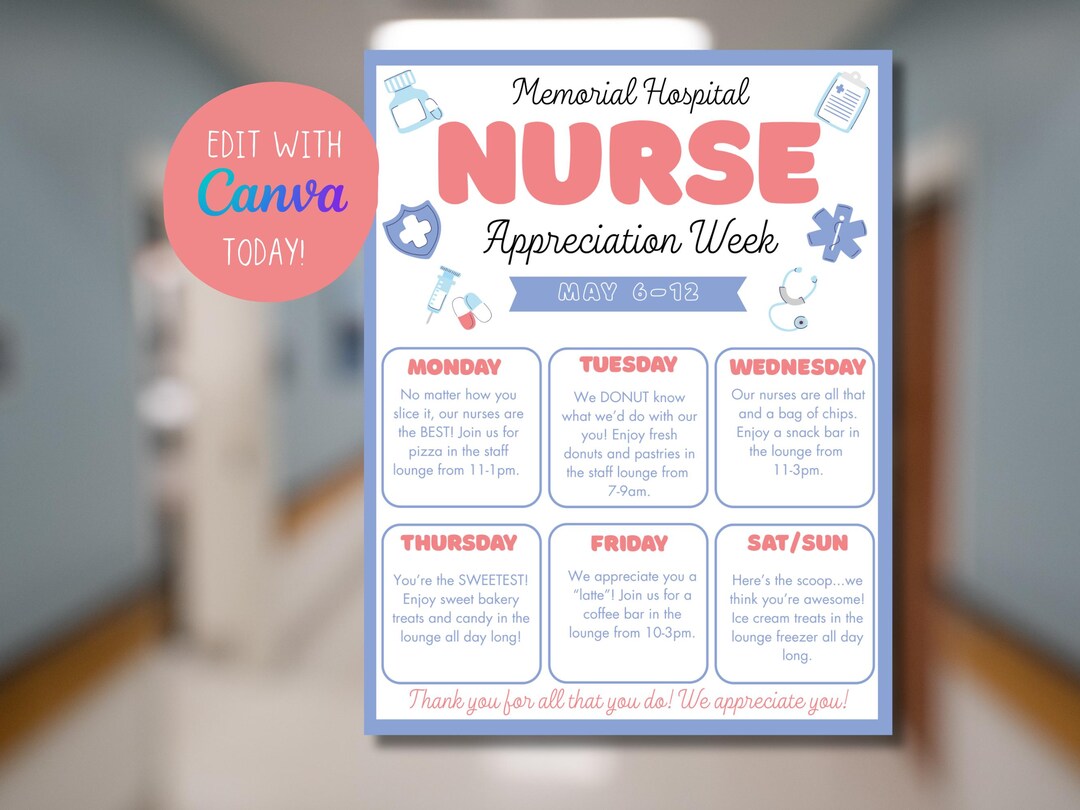 Nurse Appreciation Week Itinerary Flyer, Editable Nurse Appreciate Week ...