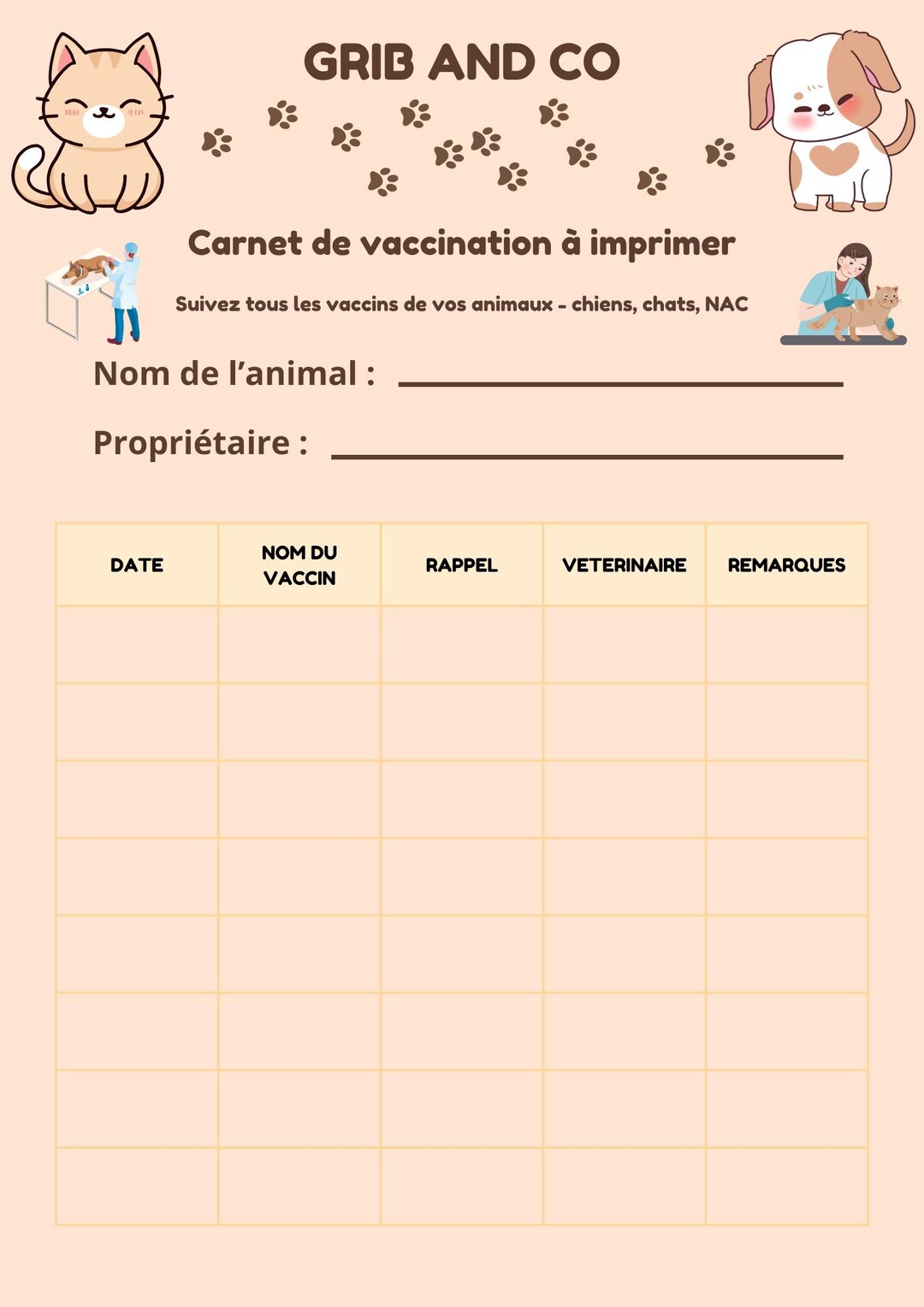 Printable Vaccination Record – Animal Health Monitoring (dog, Cat, NAC ...