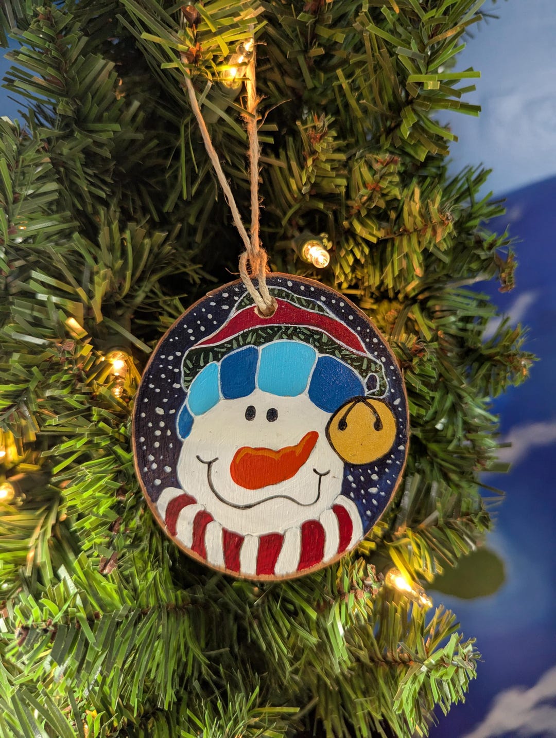 Decorative Wooden Disc Christmas Ornament, Snowman Tree Ornament, Hand ...