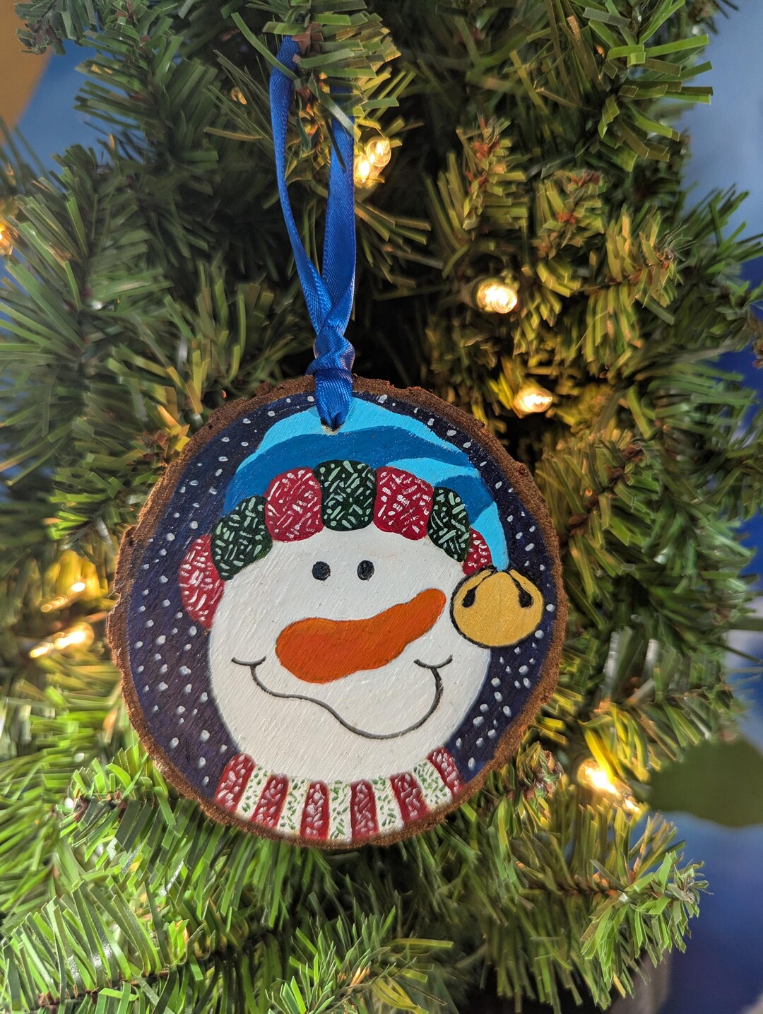 Decorative Wooden Disc Christmas Ornament, Snowman Tree Ornament, Hand ...