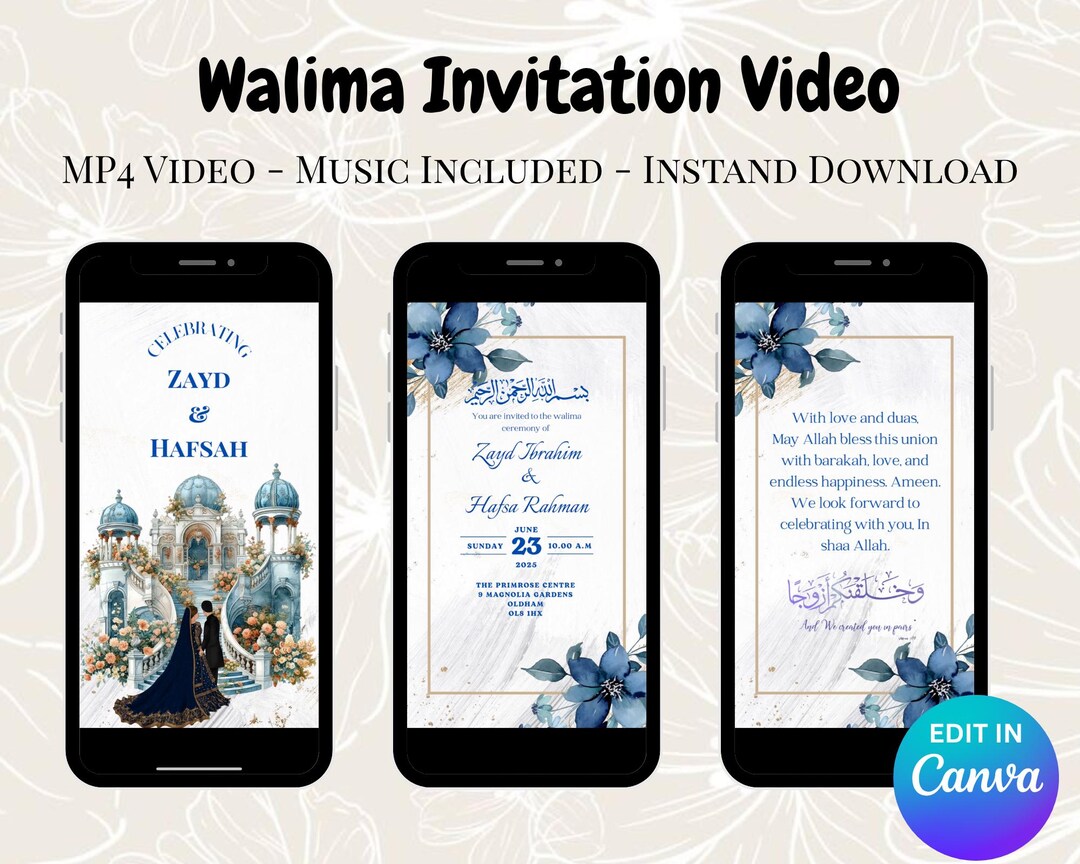 Walima Video Invitation | Blue Floral Muslim MP4 Template | Editable ...