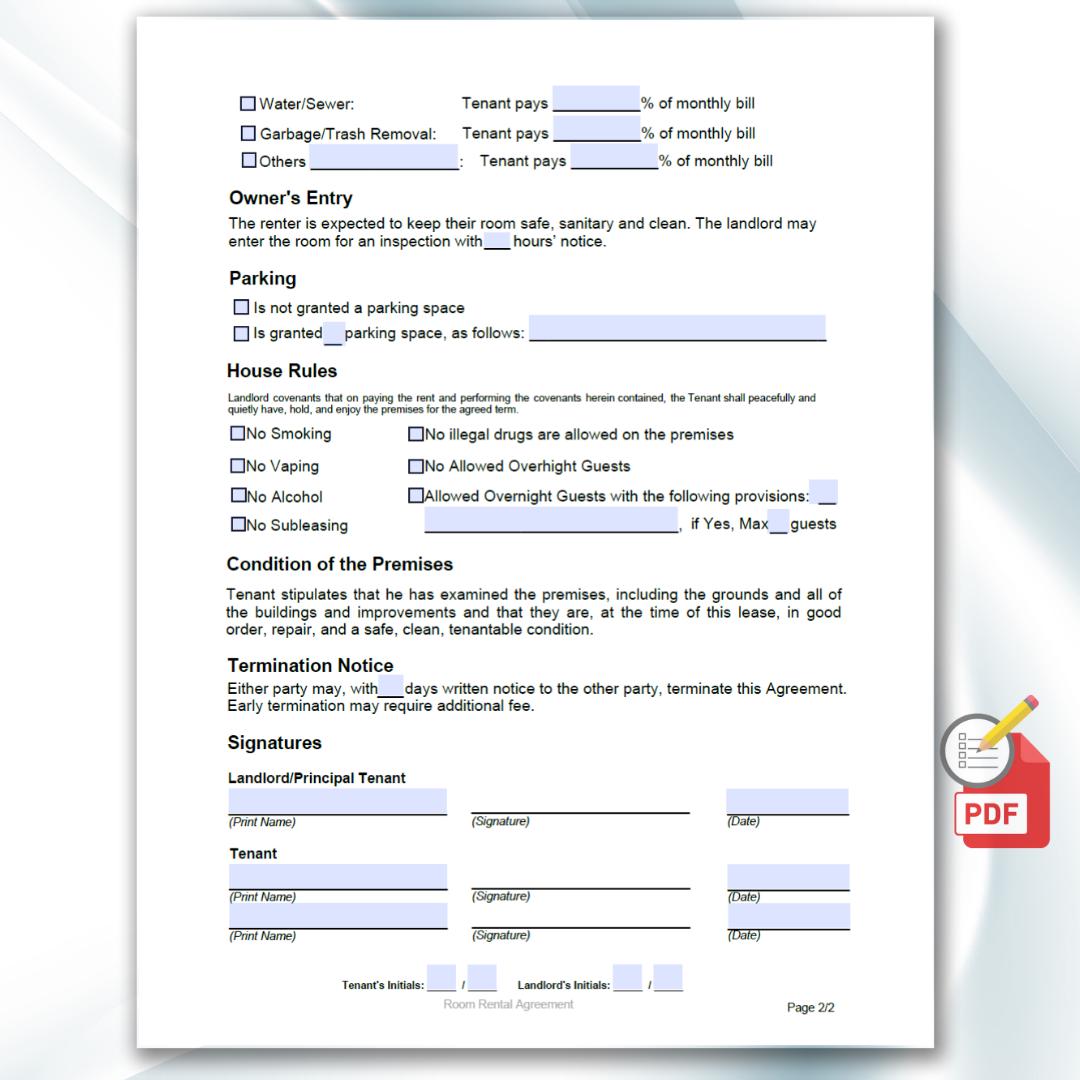 Room Rental Agreement, Roommate Agreement, Simple Room Rental Template ...