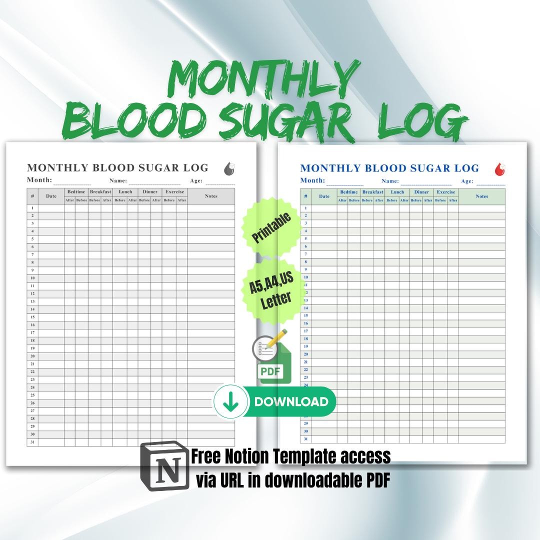 Blood Sugar Log, Monthly Blood Sugar Log, Diabetes Food Log, Monthly ...