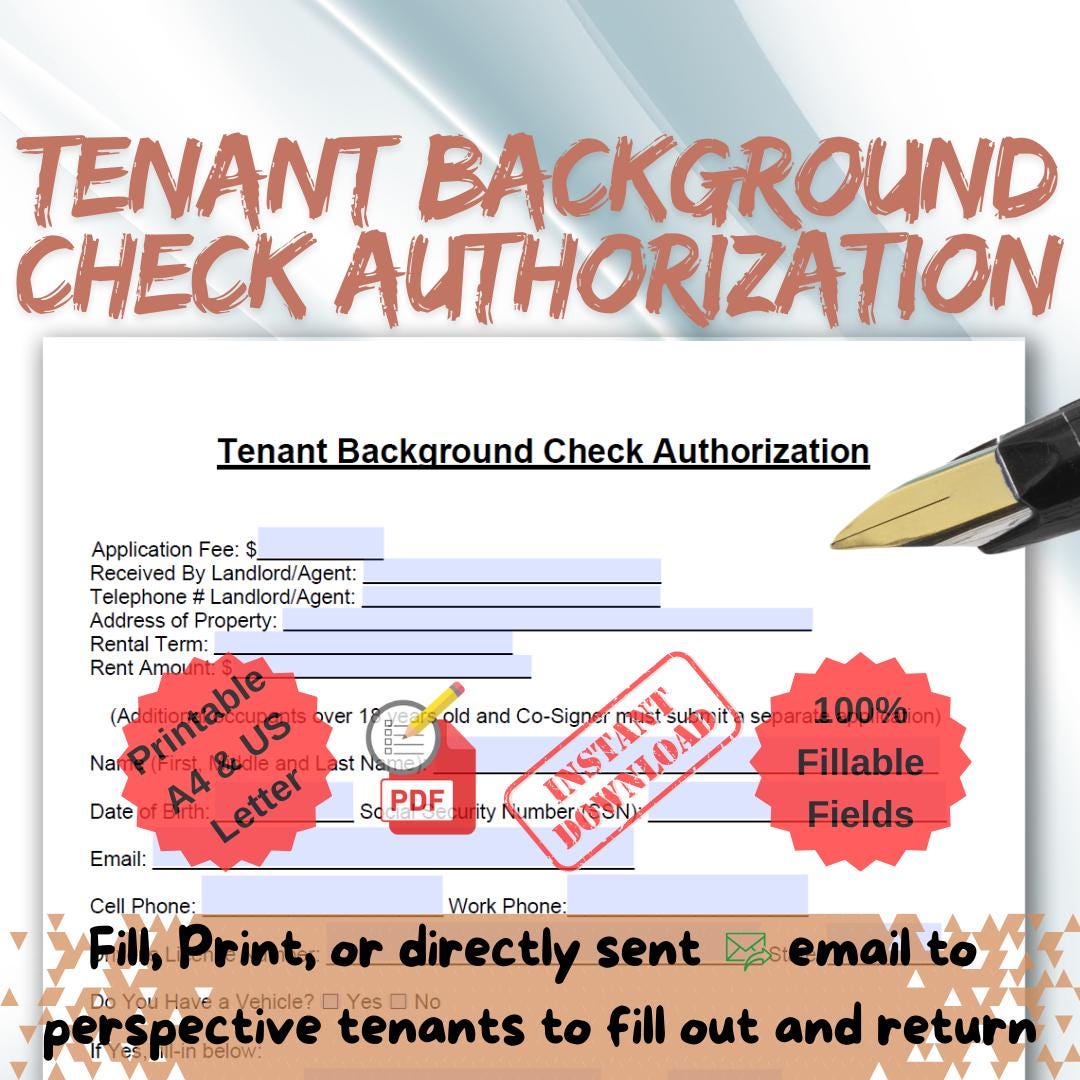 Tenant Background Check Authorization Form: Fillable Rental Application ...