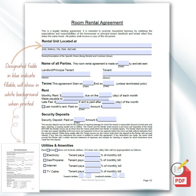 Room Rental Agreement, Roommate Agreement, Simple Room Rental Template ...
