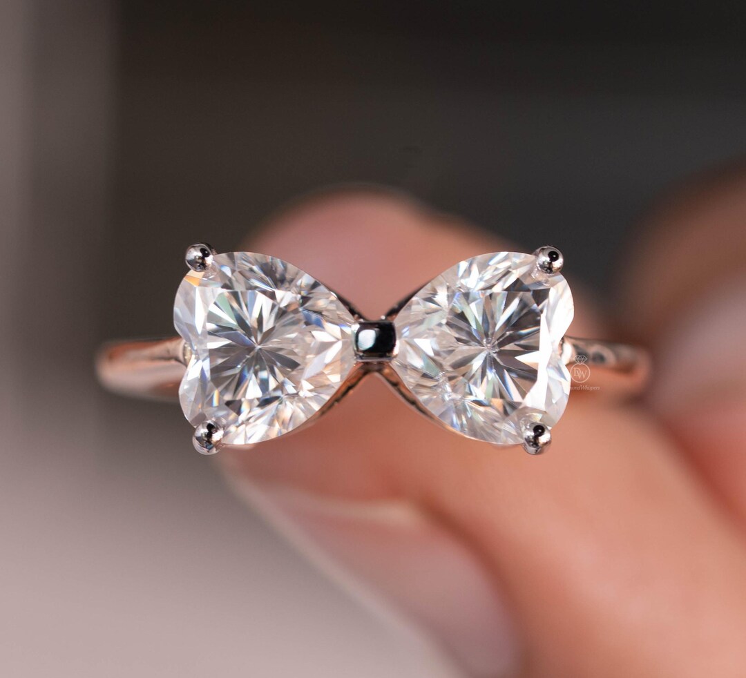 Heart Cut Lab Grown Diamonds Two Stone Ring – 14k Gold Bow Tie Ring - Etsy