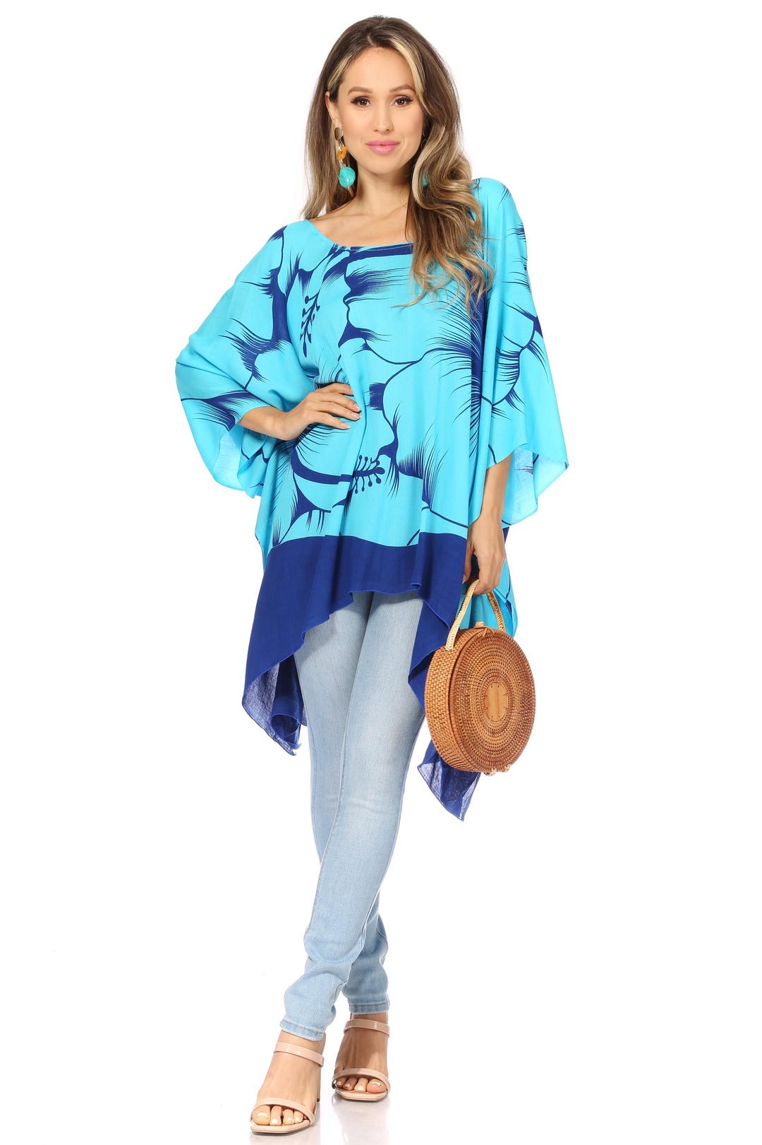Hawaiian Poncho, HIBISCUS BLUE PONCHO! Get a Free Plumeria Flower Hair ...