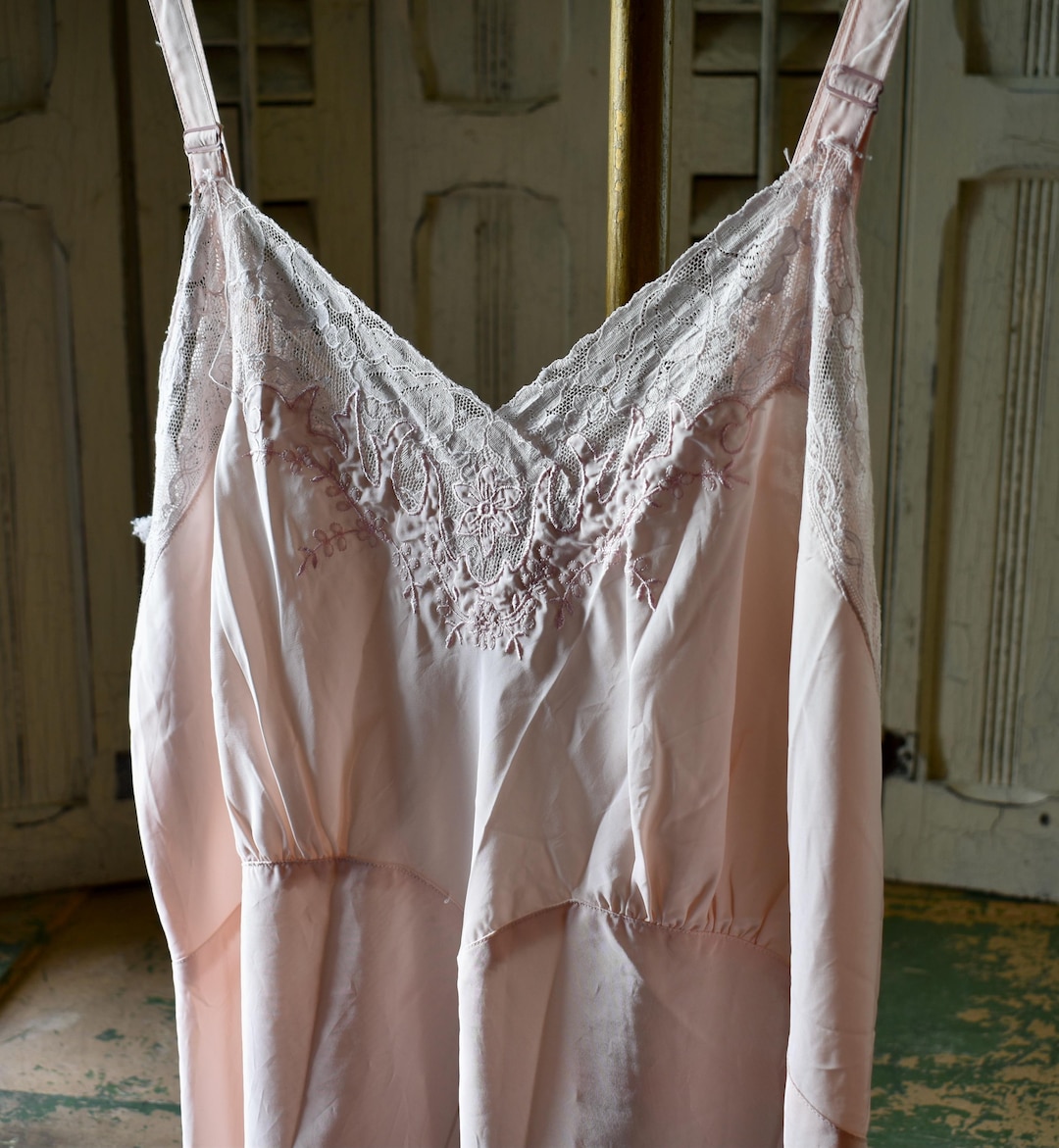 Vintage Long Slip- 1950's Lingerie- Lovely Lace-- Silky Pink- Wedding ...