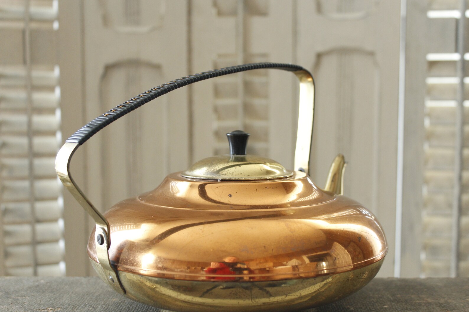 Vintage Mod Copper Teapot With Black Woven Handle, Asian Style, French ...