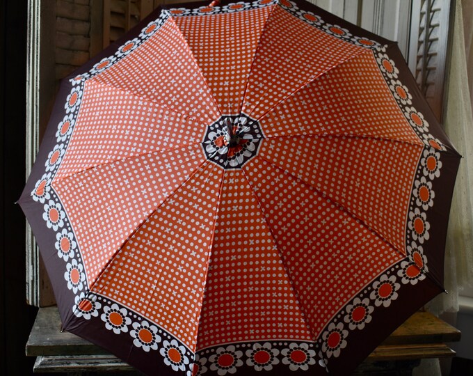 Retro 1960's Orange Umbrella With Wood Handle, Like New , Polka Dot and ...
