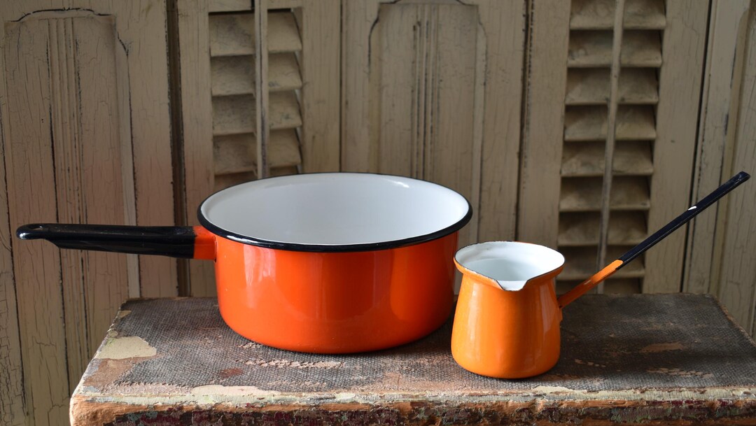Fabulous Enamelware Cookware- 1950's Deep Orange Saucepan and Tangerine ...