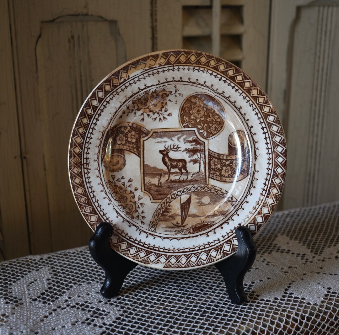 Antique Victorian Brown Transfer-ware Small Plate, Stag Pattern Hall ...