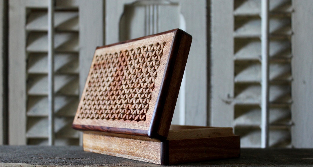 Vintage Handcrafted Box Hard Wood Storage Box, Hand Tooled Top ...