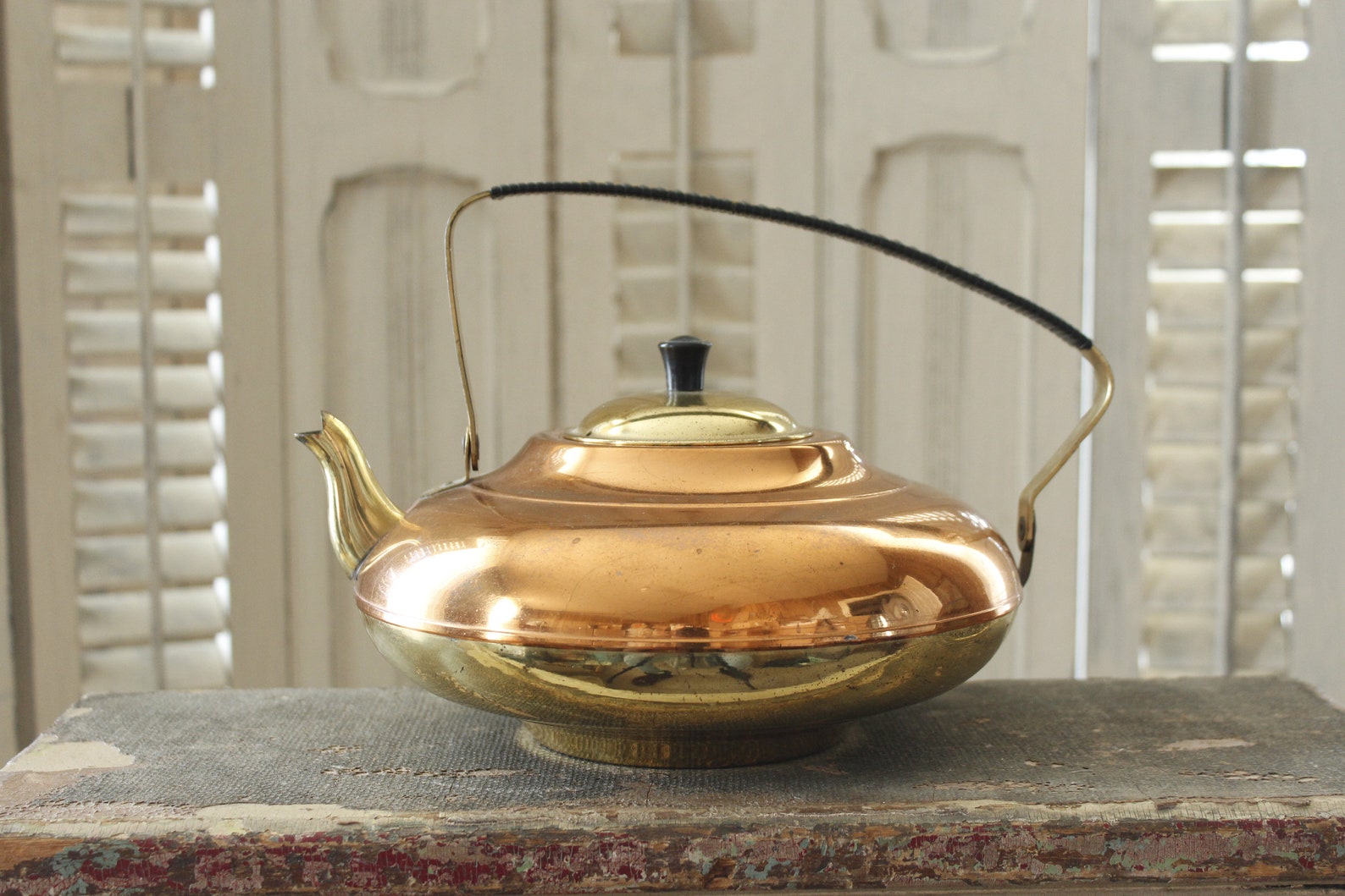 Vintage Mod Copper Teapot With Black Woven Handle, Asian Style, French ...