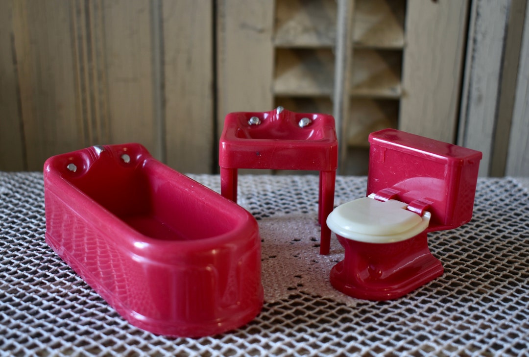 Vintage Red Dollhouse Bathroom Set: Plasco Toy Furniture - Etsy
