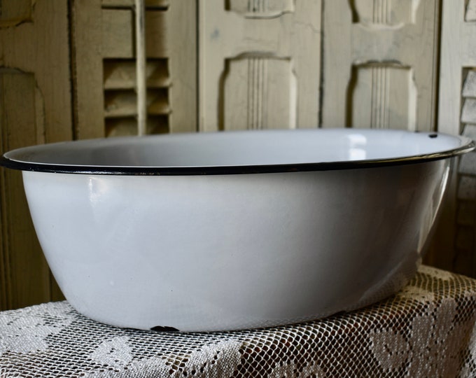 Antique Petite Oval Wash Basin, Vintage Enamel Baby Tub, Farmhouse ...