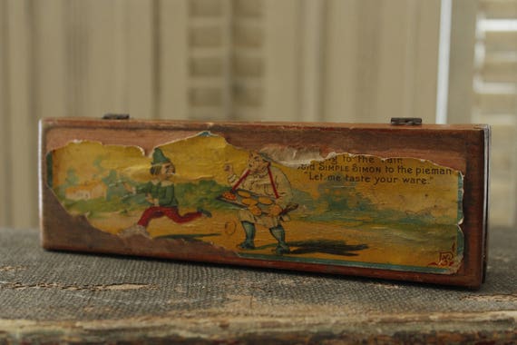 Antique Wood Pencil Box Victorian Colorful Nursery Rhyme | Etsy