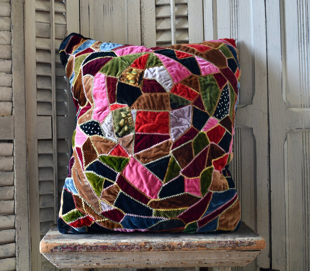 Antique Amish Crazy Quilt Pillow, Primitive Patchwork, Vintage 1900's ...