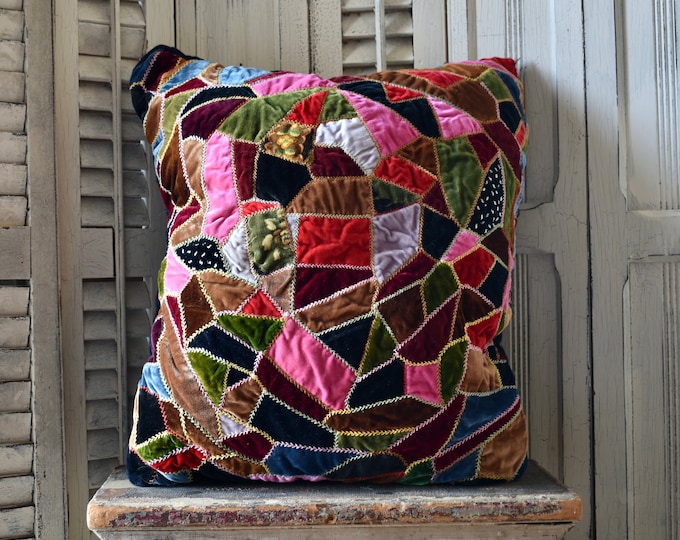 Antique Amish Crazy Quilt Pillow, Primitive Patchwork, Vintage 1900's Country Farmhouse, Hand ...