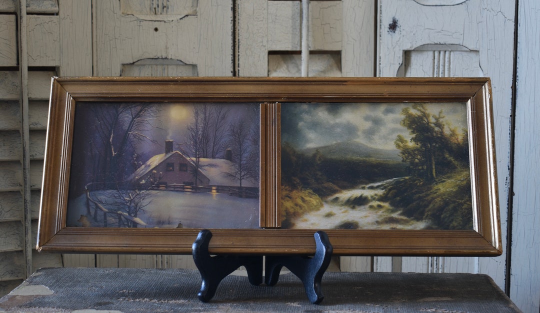 Antique Gold Framed Double Art: Moonlit Cottage & Landscape Painting - Etsy
