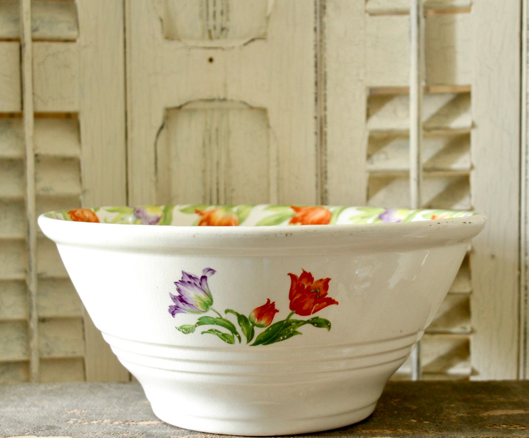 Antique Extra Large Mixing Bowl, Harker Hotoven Bowl With Parrot Tulips ...