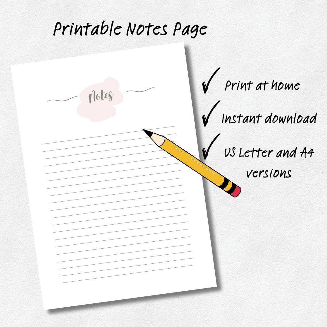 Notes Page Printable, Lined Notes Paper, Instant Download, US Letter ...