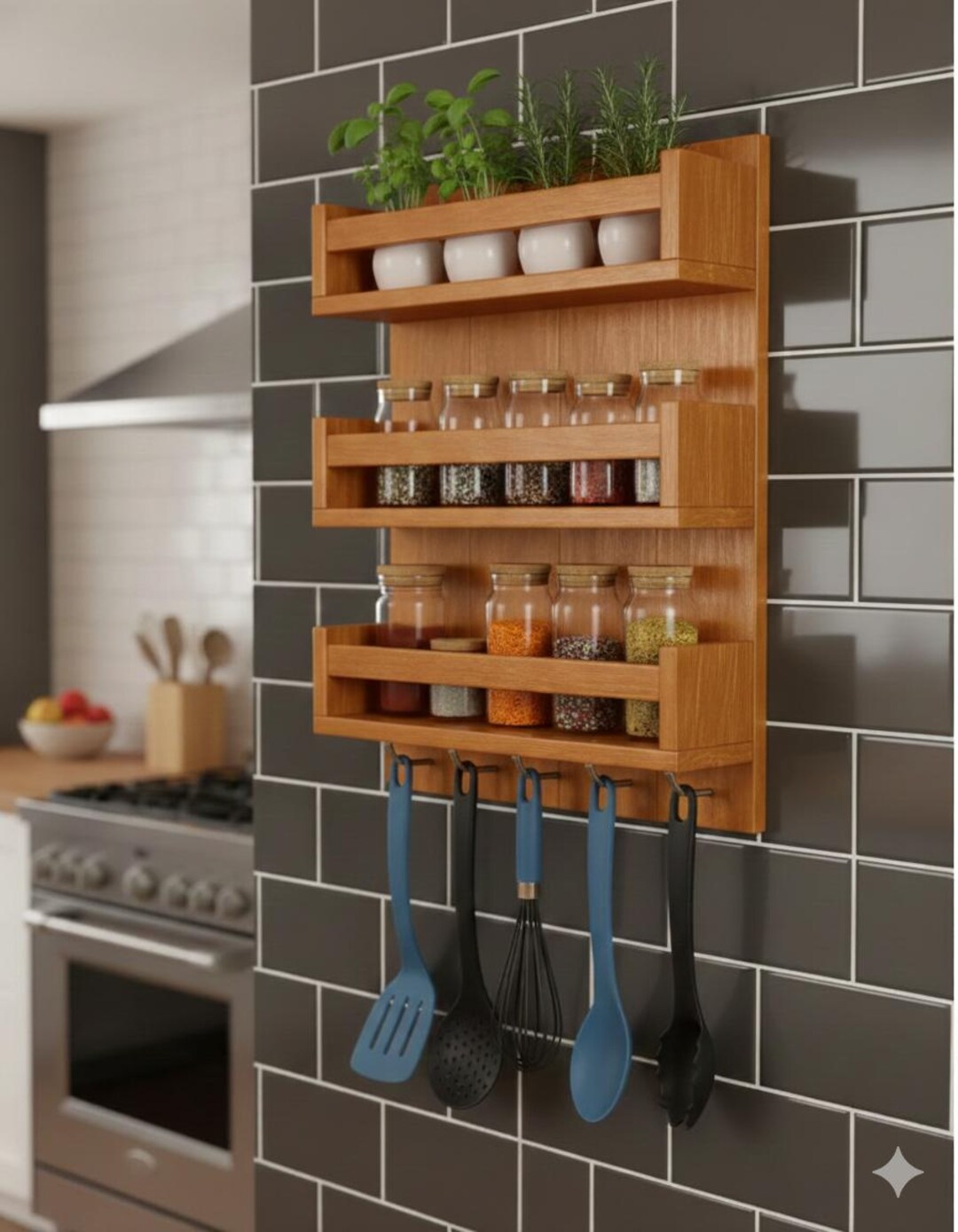 Handmade Wooden Spice Rack Wall Mounted | 3-tier Kitchen Organizer ...