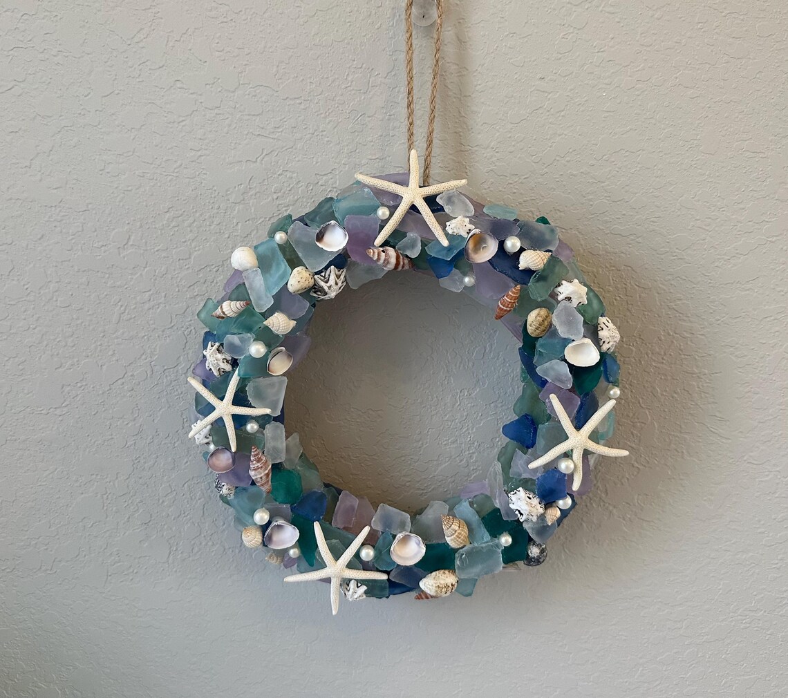 Sea Glass Wreath With Sea Shell and Starfish Accents, Sea Glass Art ...