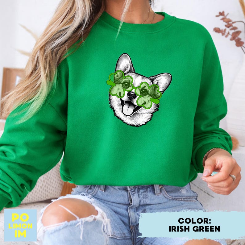 St Patrick's Day Corgi Sweatshirt, Welsh Corgi Pembroke Clover Glasses ...