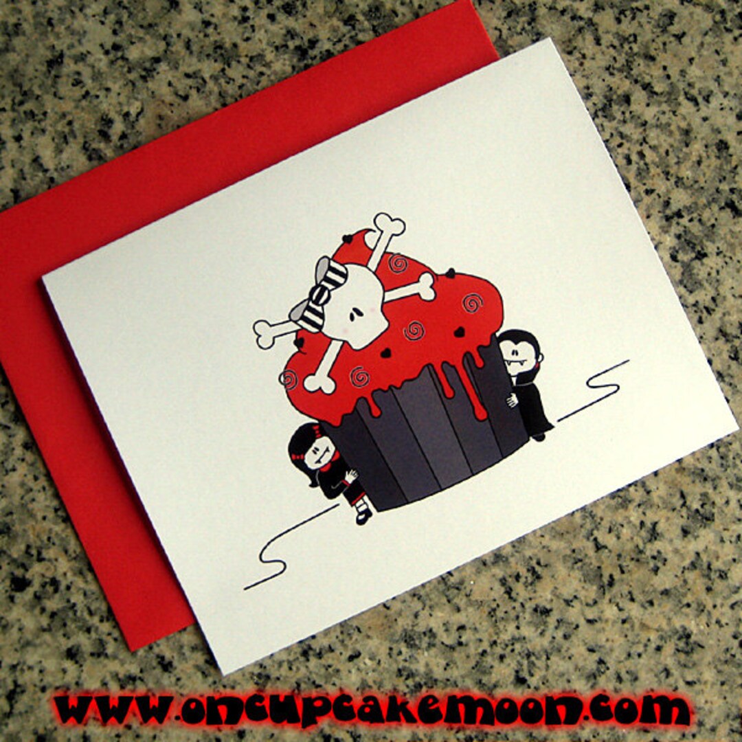 Girl and Boy Vampire Skull Cupcake Notecards / Thank You Notes blank or ...