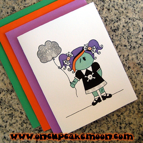 Halloween Zombie Girl Cards blank or Custom Printed Inside With Green ...