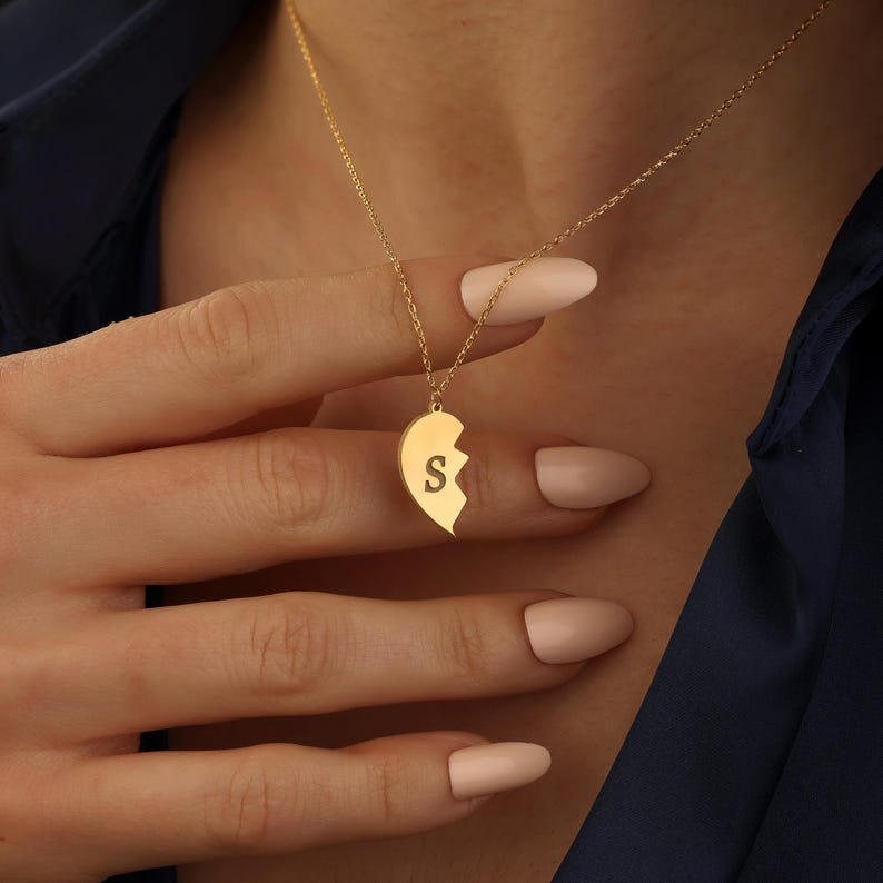 Personalized Broken Heart Necklace Set: 18K Gold Initial Pendant, Two ...