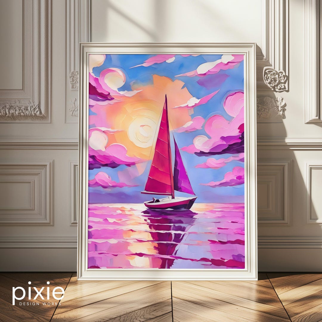 Pink Retro Sailboat Print, Instant Digital Download, Dopamine Art ...