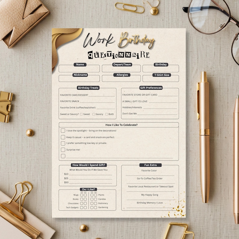 Coworker Birthday Questionnaire Printable - Office Birthday Survey for ...