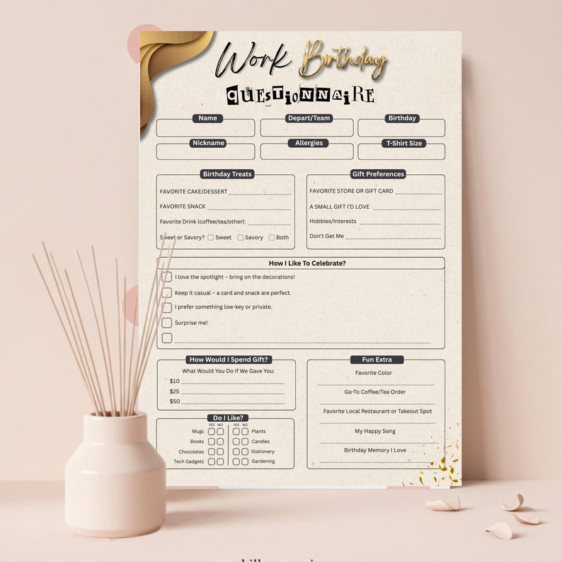 Coworker Birthday Questionnaire Printable - Office Birthday Survey for ...