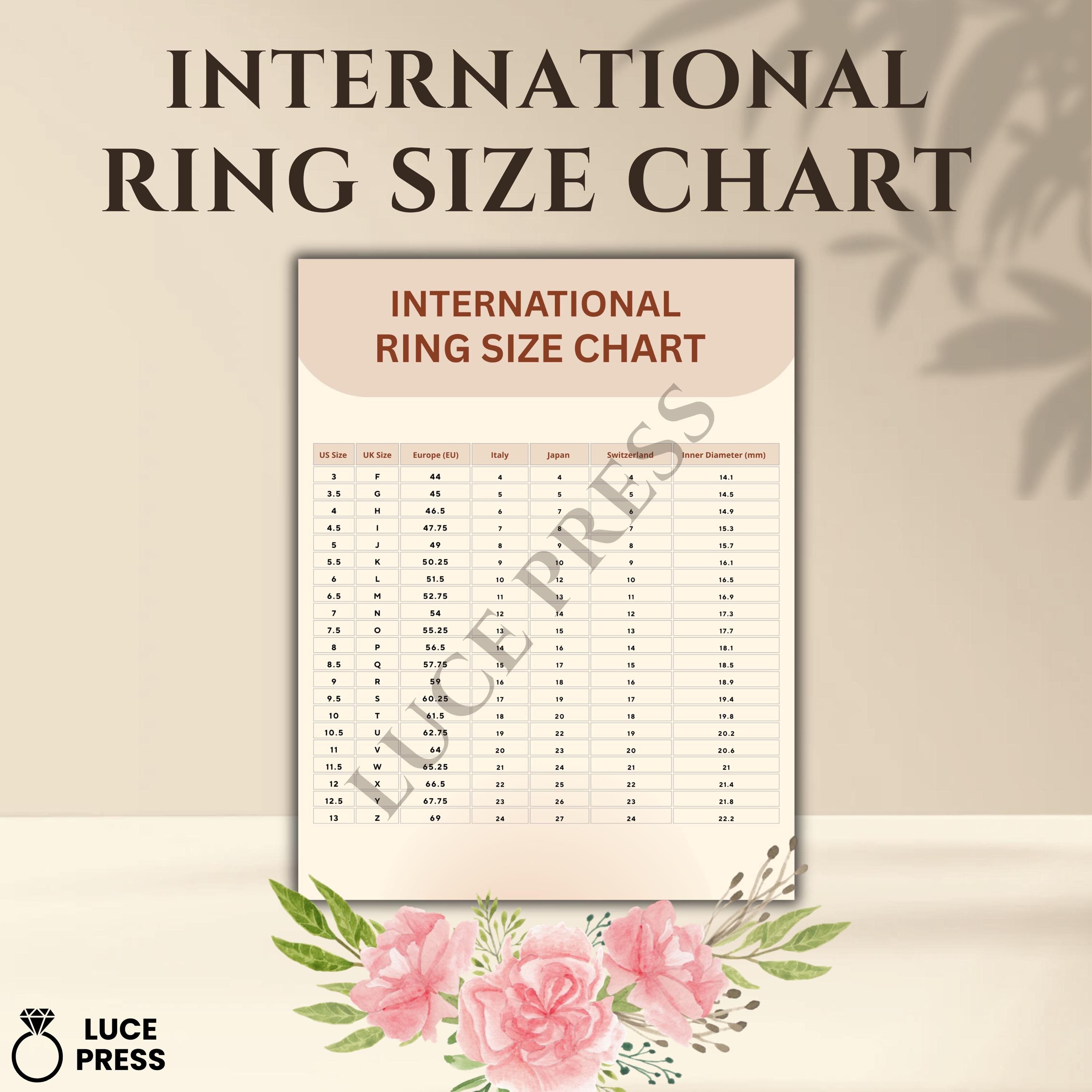 Printable Ring Size Chart: International Ring Sizer (digital Download ...