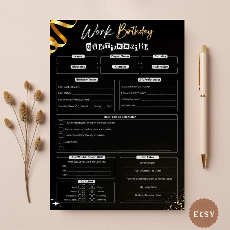 Work Birthday Questionnaire Printable - Etsy