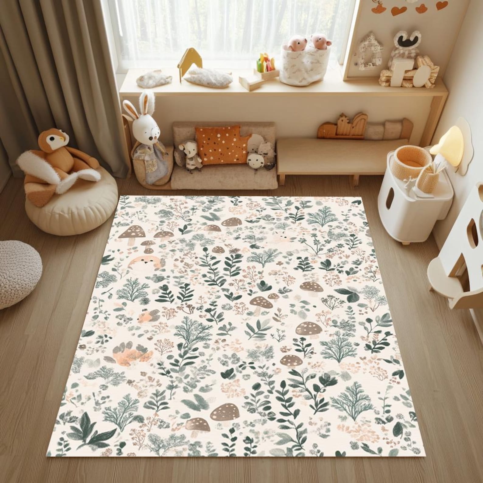 Forest Nursery Rug: Soft Kids Play Mat With Mushroom & Leaf Design - Etsy