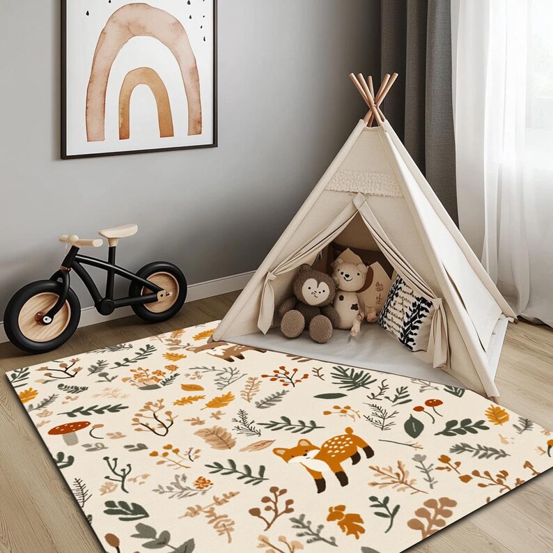 Fox & Leaf Kids Play Mat: Soft Nursery Rug With Free Cushion Cover - Etsy