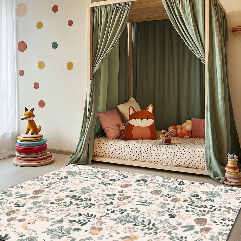 Forest Nursery Rug: Soft Kids Play Mat With Mushroom & Leaf Design - Etsy