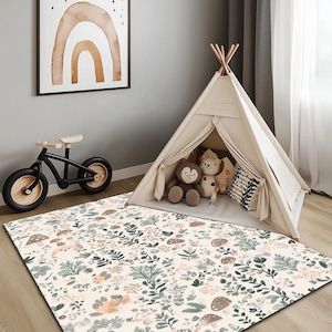 Forest Nursery Rug: Soft Kids Play Mat With Mushroom & Leaf Design - Etsy