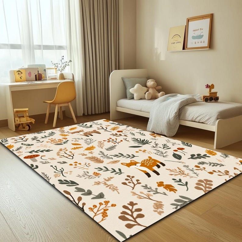 Fox & Leaf Kids Play Mat: Soft Nursery Rug With Free Cushion Cover - Etsy