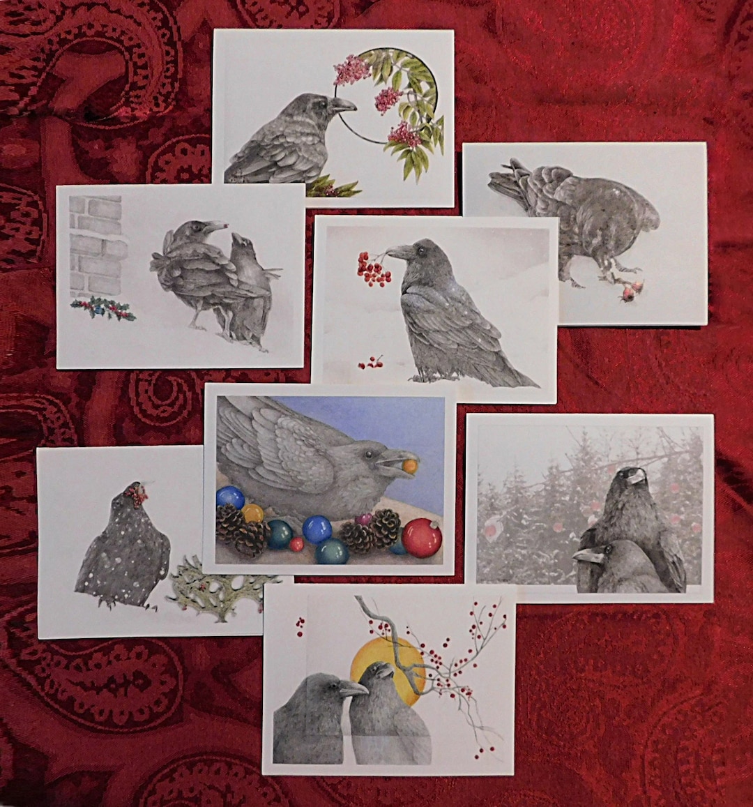 HOLIDAY RAVENS - 8 Christmas Cards With Envelopes, Blank Inside, Raven ...