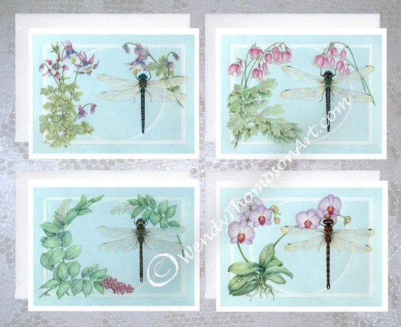 Dragonfly Botanical note cards Set of 4 Original design: | Etsy