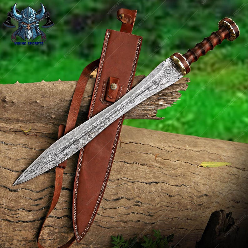 Damascus Steel Viking Sword: Handmade Cosplay Longsword With Leather ...