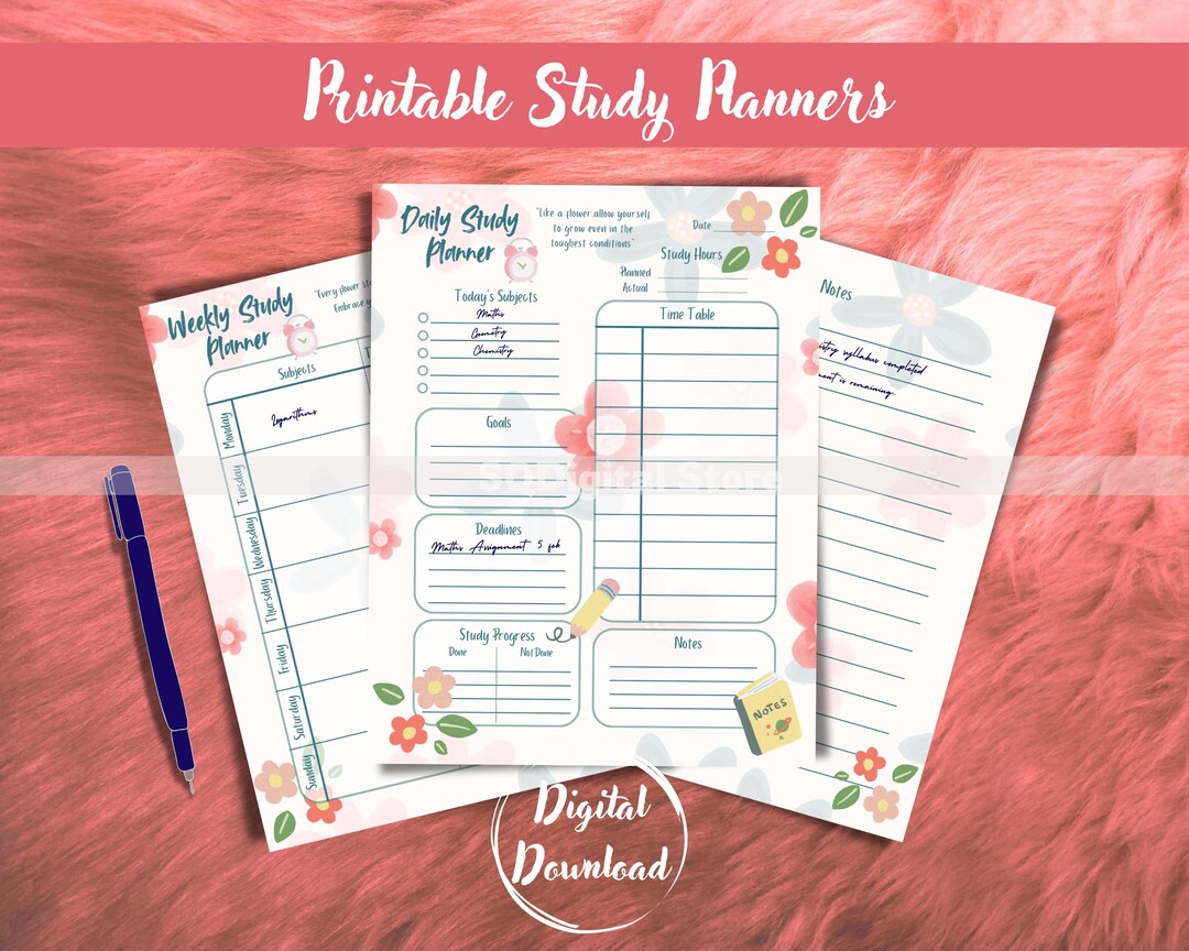 Printable Study Planner Set, Digital Academic Progress Tracker, Daily Weekly A4 A5 Letter Size ...