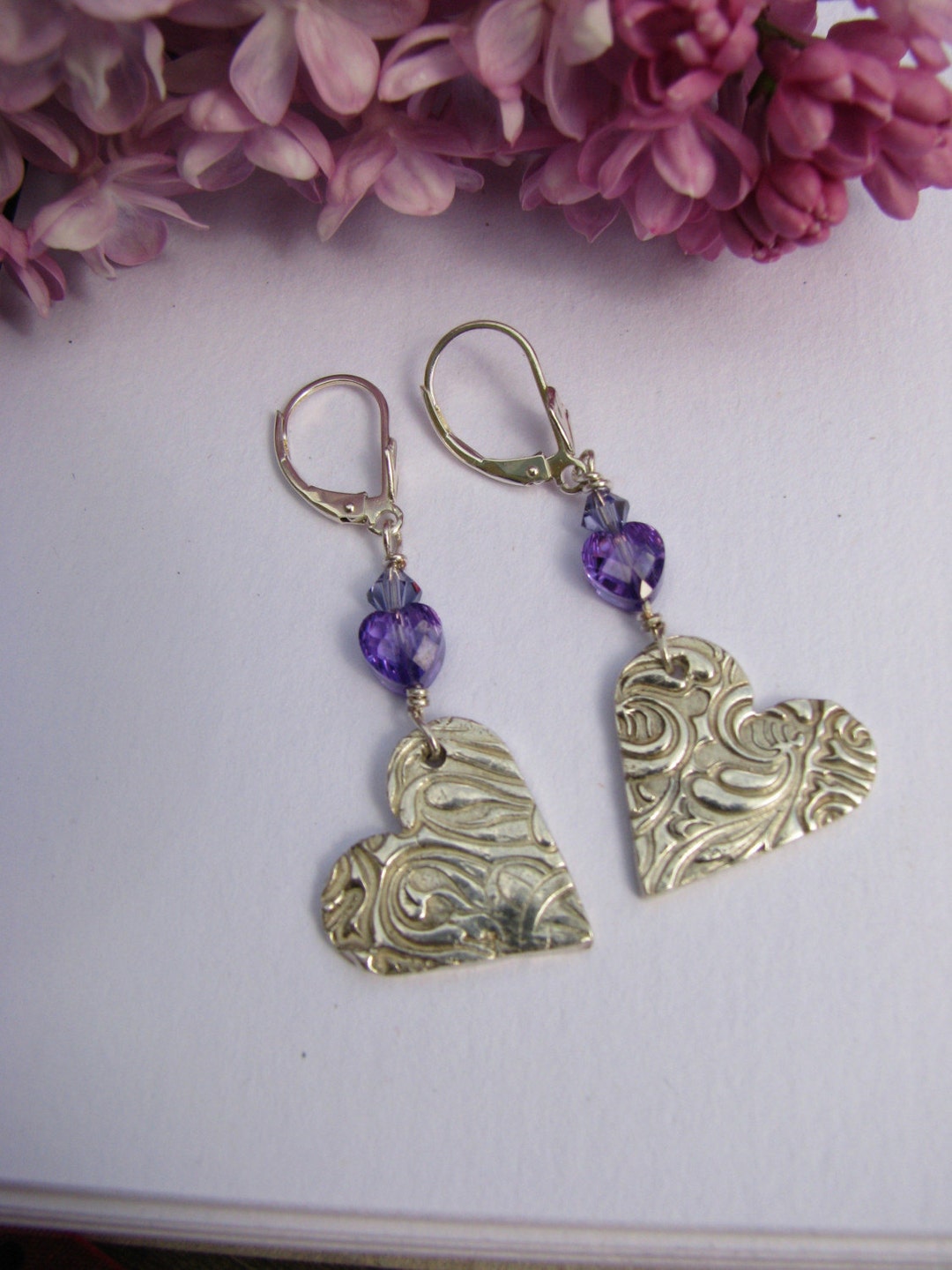 Silver Clay Heart Earrings, Purple Crystals, Designer Made, Embossed ...