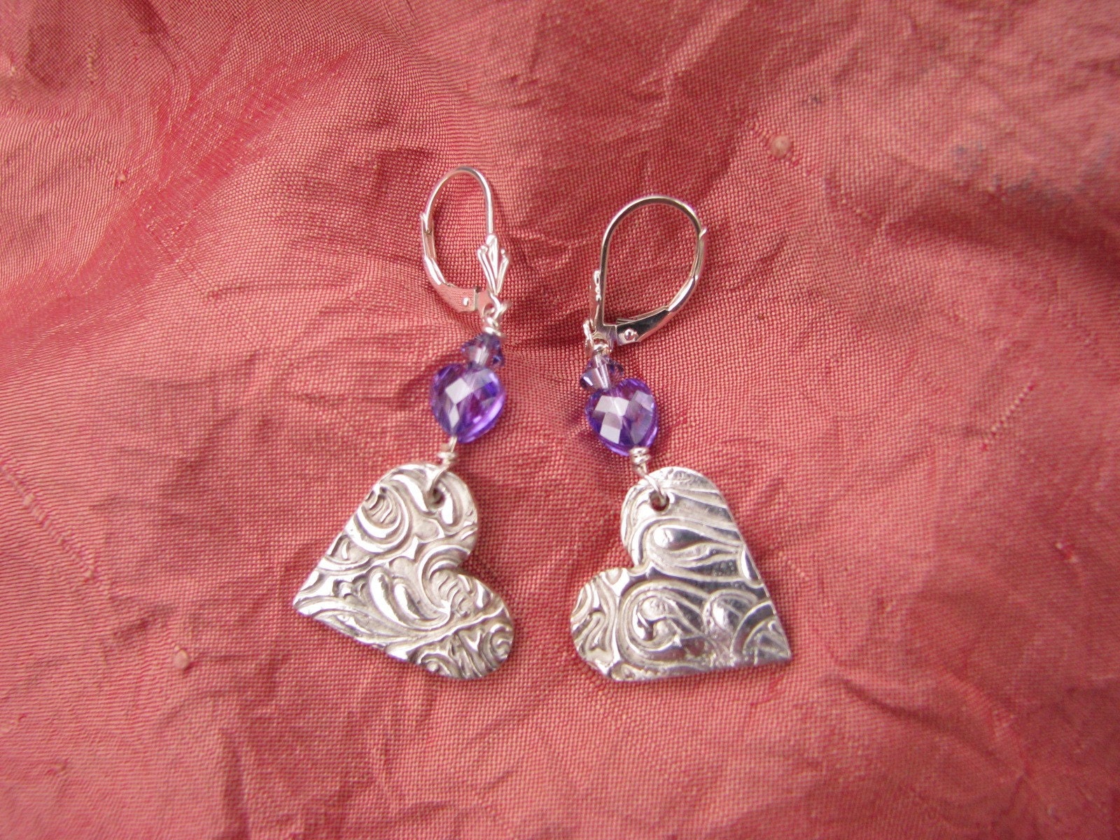 Silver Clay Heart Earrings, Purple Crystals, Designer Made, Embossed ...